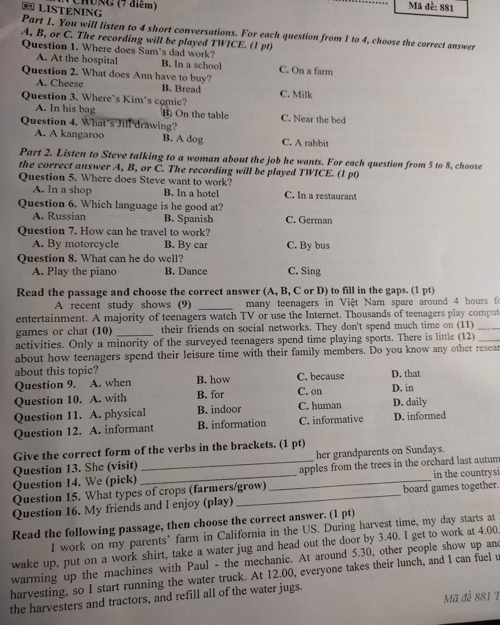(7 điểm) Mã de: 881 LISTENING Part 1. You will listen to 4 short ...