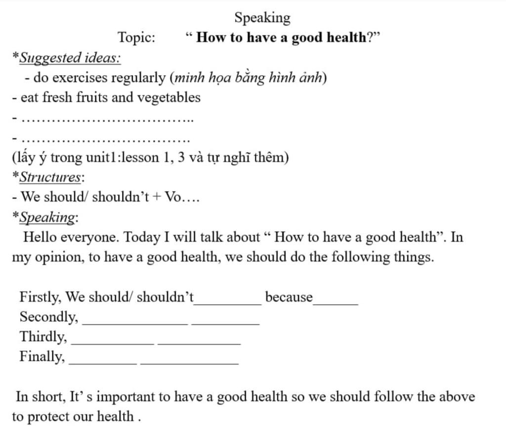Speaking Topic: 6 How to have a good health?" *Suggested ideas: - - do ...