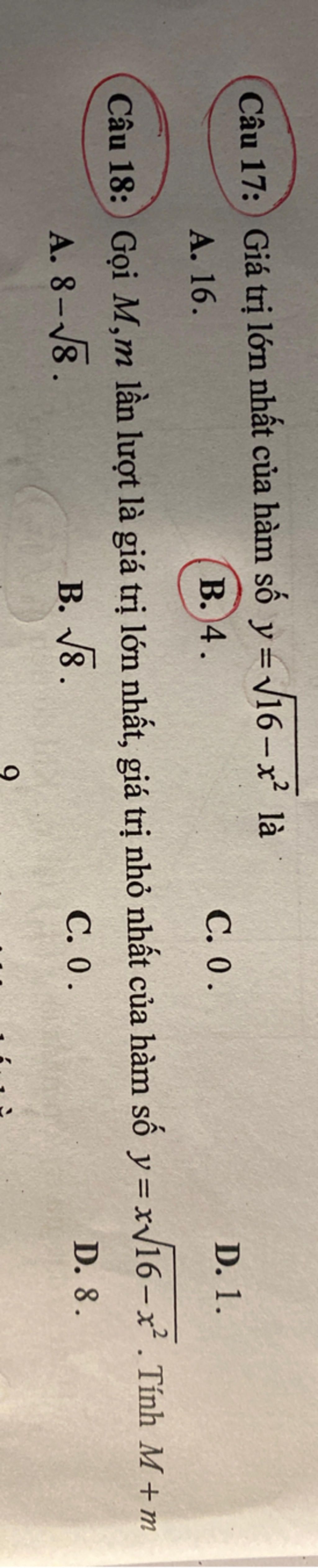 mình cần trợ giúp giải 2 câu 17 và 16 ạ tìm giá trị lớn nhất và nhỏ ...