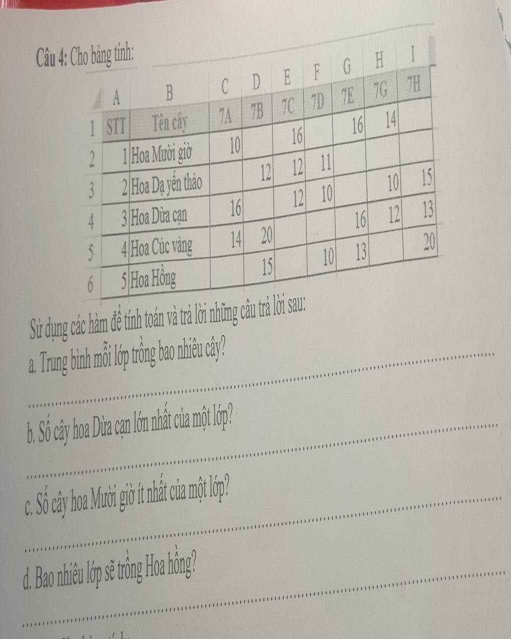 Câu 4: Cho bảng tính: A B C D E FGH 1 STT Tên cây 7A 7B 7C 7D 7E 7G 7H ...