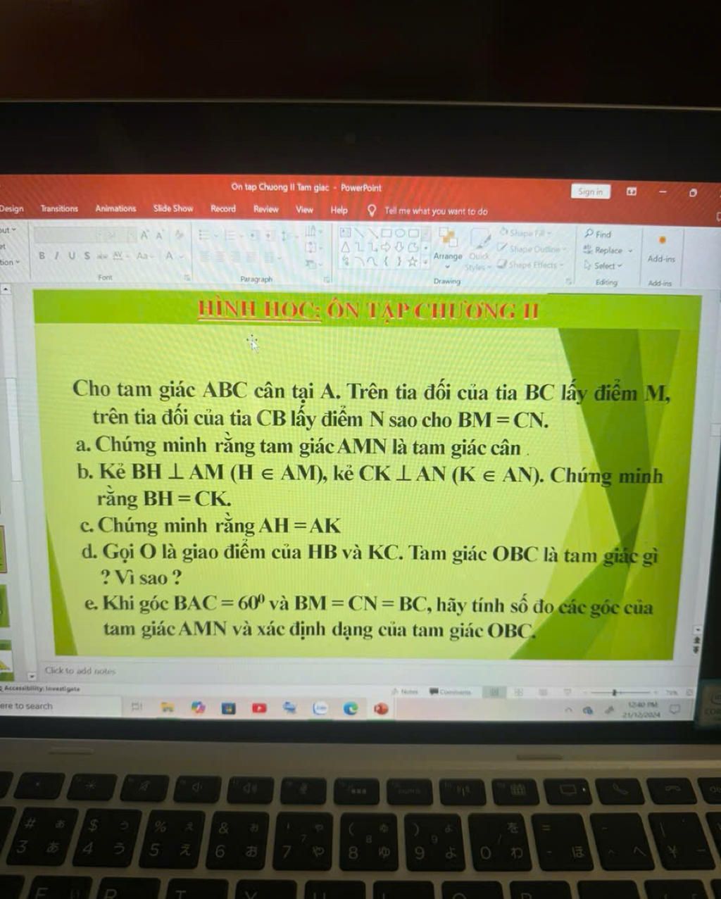 On tập Chương II Tam giác - PowerPoint Design Transitions Animations Slide Show Record Review ...