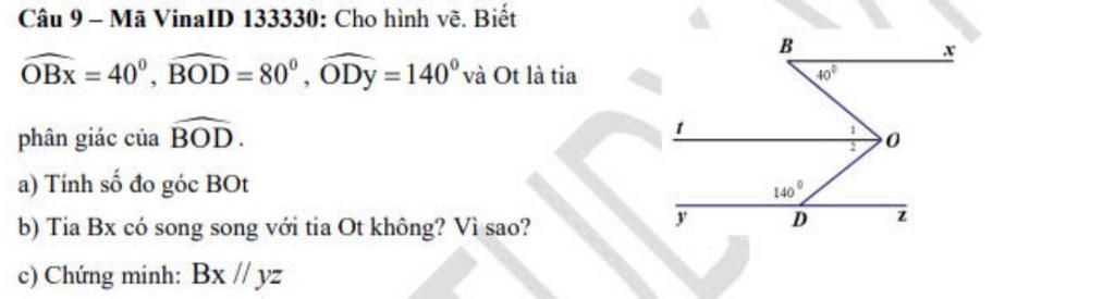 Câu 9 – Mã VinalD 133330: Cho hình vẽ. Biết OBx = 40°, BOD = 80°, ODy ...
