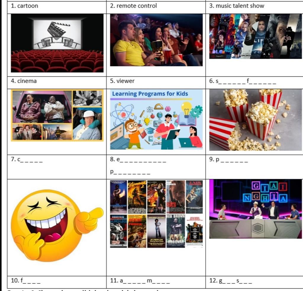 1. cartoon 2. remote control 3. music talent show 4. cinema 5. viewer ...