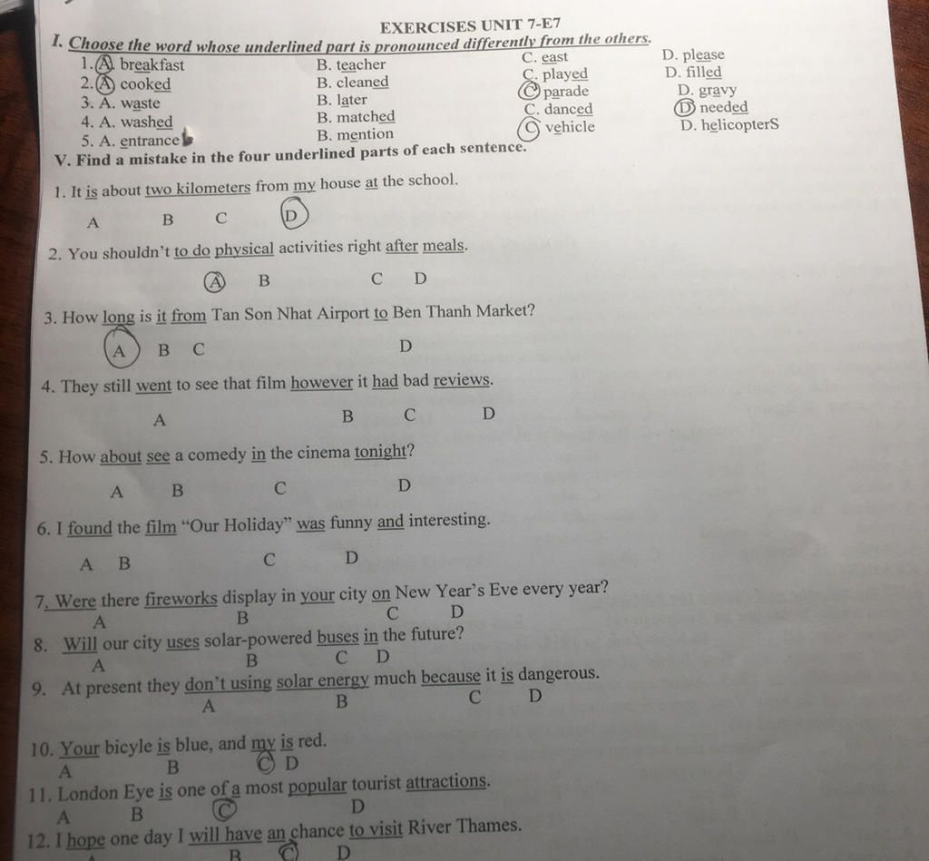 EXERCISES UNIT 7-E7 I. Choose the word whose underlined part is pronounced differently from the ...