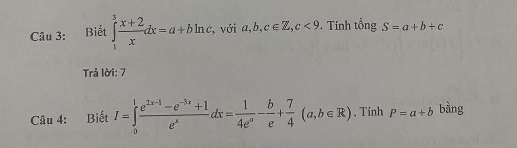 X ‘dx=a+blnc, với a,b,ceZ,c