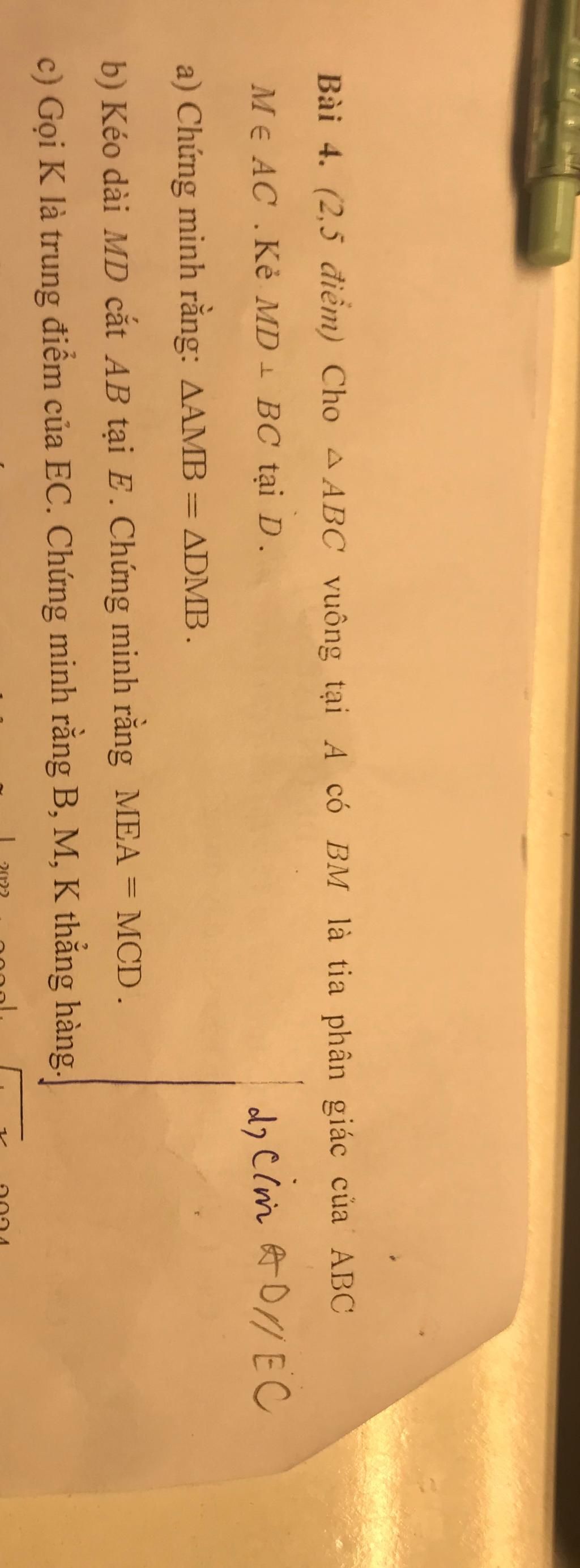 Bài 4. (2,5 điểm) Cho AABC vuông tại A có BM là tia phân giác của ABC ...