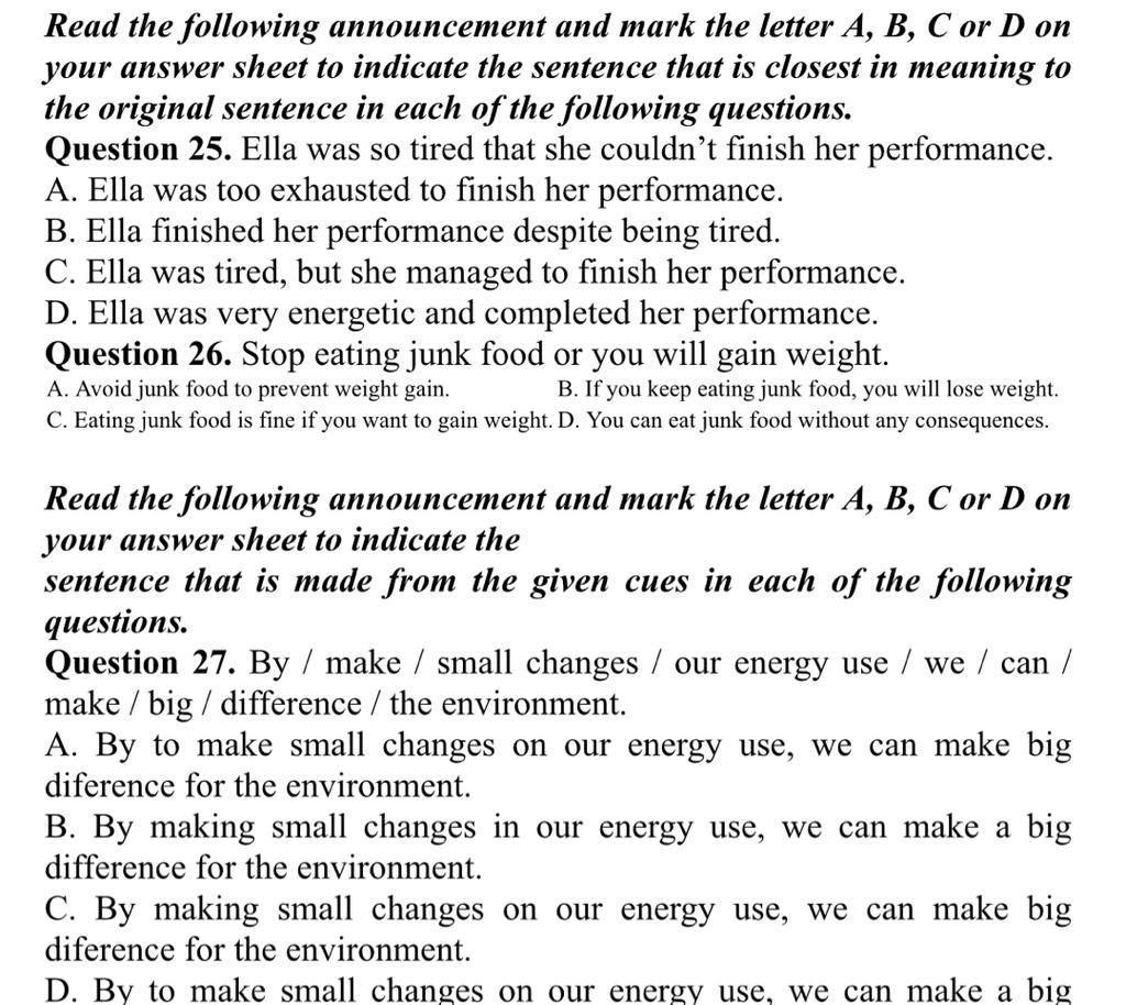 Read the following announcement and mark the letter A, B, C or D on ...