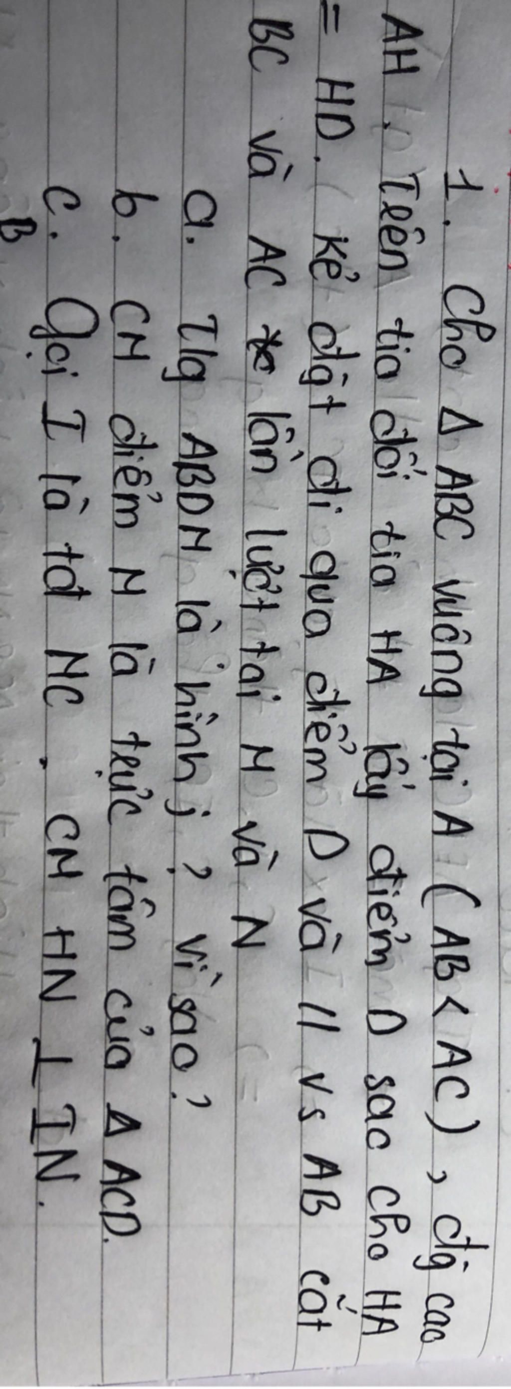 1. Cho A ABC vuông tại A (ABRAC), độ cao AH Teen tia doi tia HA lay ...