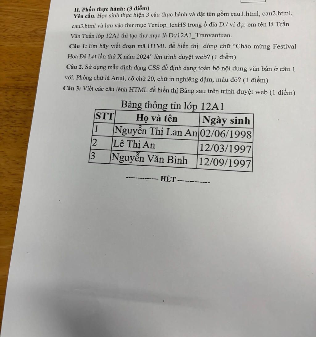 II. Phần thực hành: (3 điểm) Yêu cầu. Học sinh thực hiện 3 câu thực ...