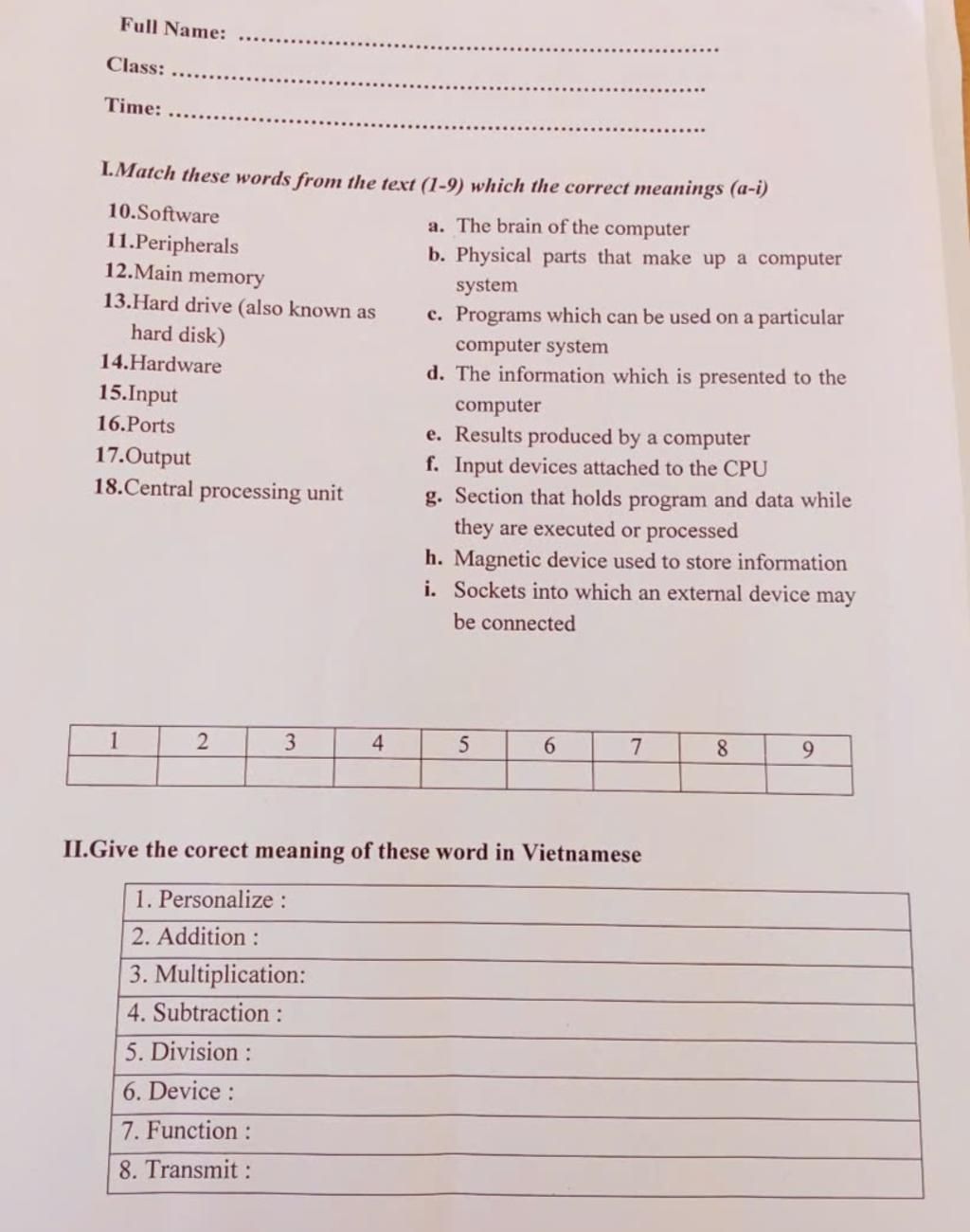 Full Name: Class: .... Time: I.Match these words from the text (1-9 ...