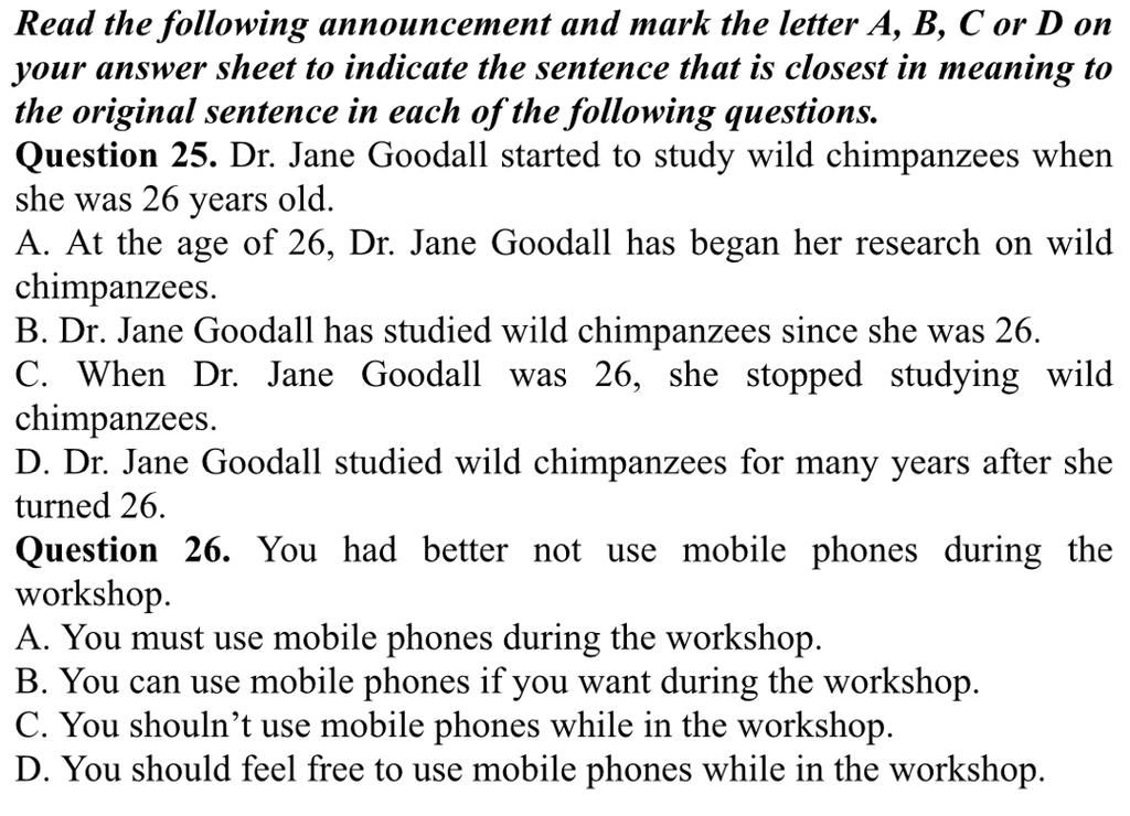 Read the following announcement and mark the letter A, B, C or D on ...