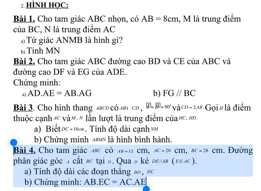 2. HÌNH HỌC: Bài 1. Cho tam giác ABC nhọn, có AB = 8cm, M là trung điểm điểm AC của BC, N là ...