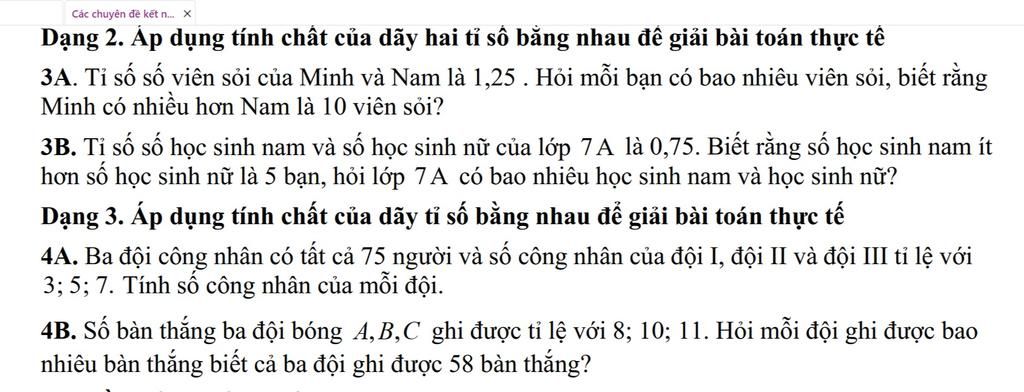 Các chuyên để kết n... × Dạng 2. Áp dụng tính chất của dãy hai tỉ số ...