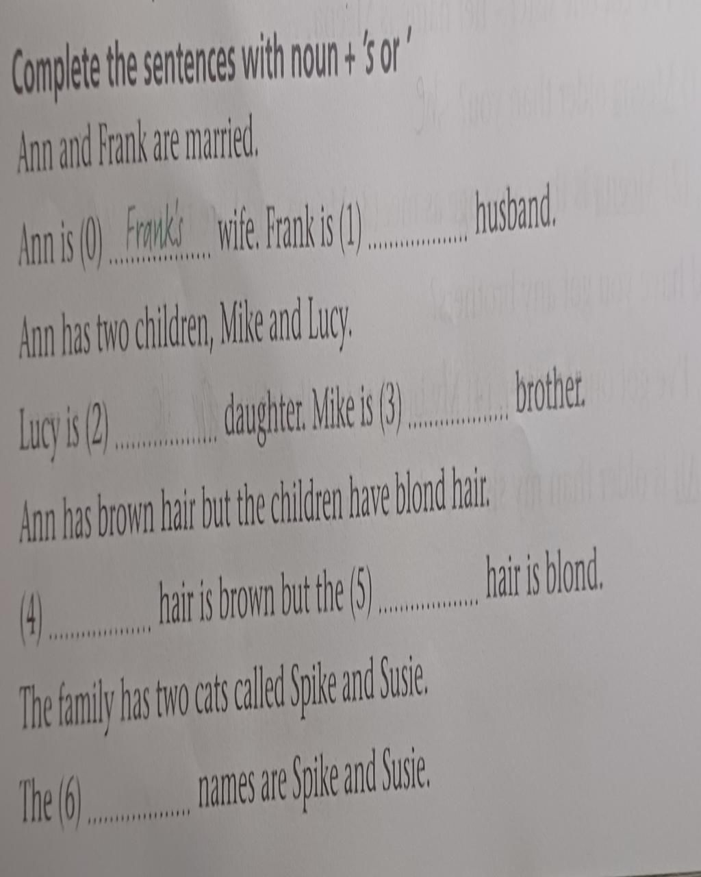 Complete the sentences with noun +'s or Ann and Frank are married. Ann ...