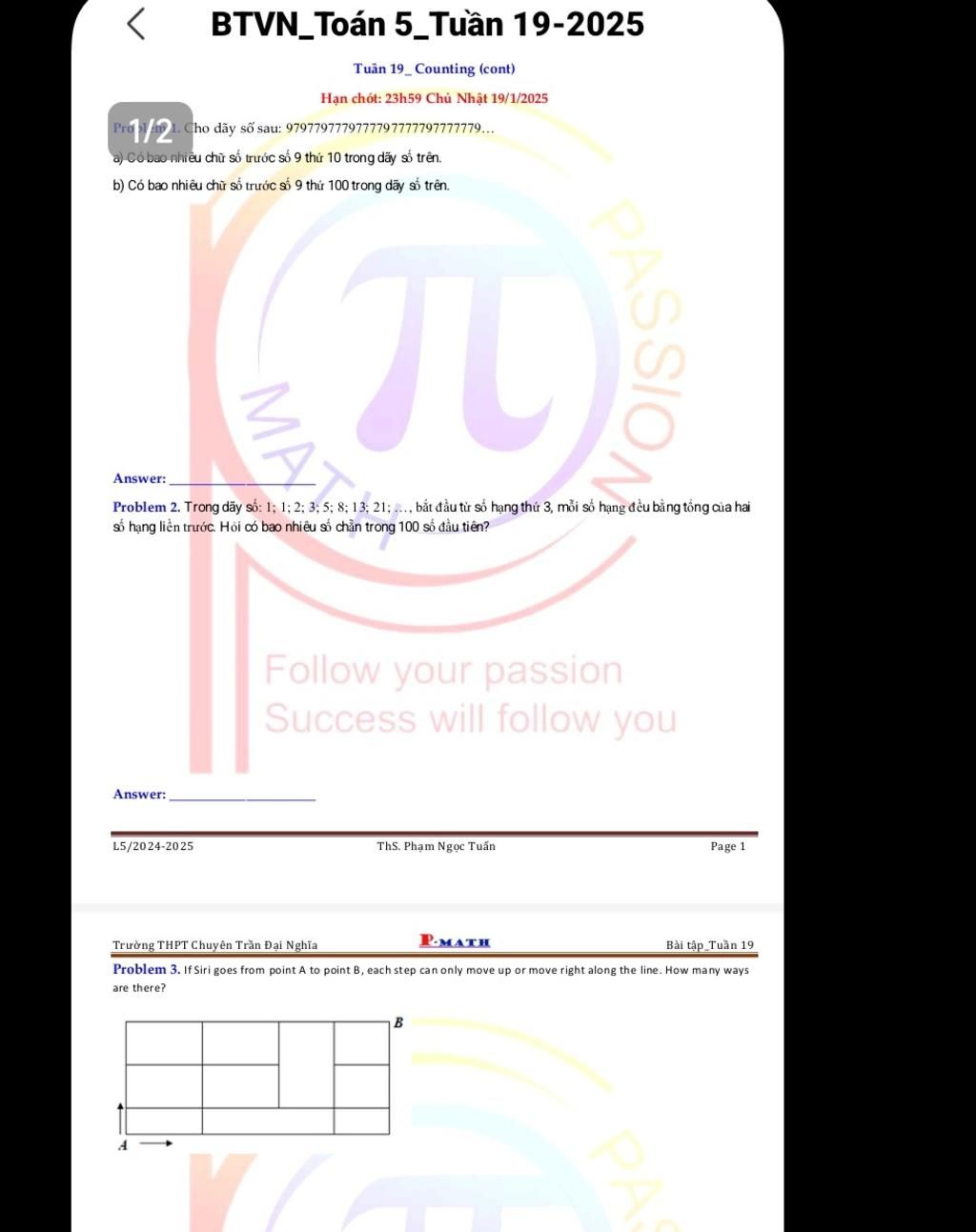 BTVN_Toán 5_Tuần 19-2025 Tuan 19 Counting (cont) Hạn chót: 23h59 Chủ Nhật 19/1/2025 Pro/2 I. Cho ...