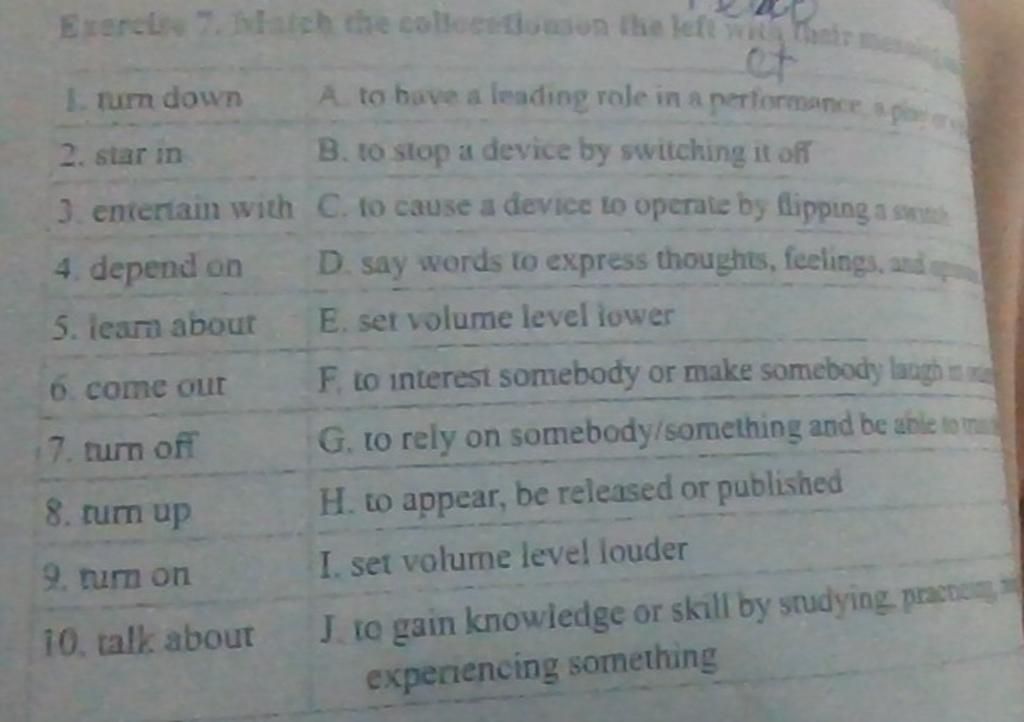 Exercise 7. hatch the collectionson the left wit 1. turn down 2. star ...