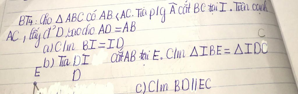 BT4 : Cho A ABC có AB (AC. Tia pig A cắt BC tại I. Tiên cạnh AC, by d ...