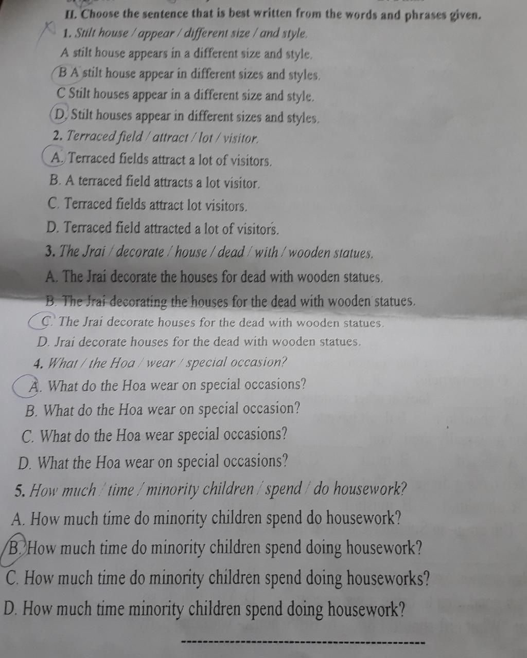II. Choose the sentence that is best written from the words and phrases ...