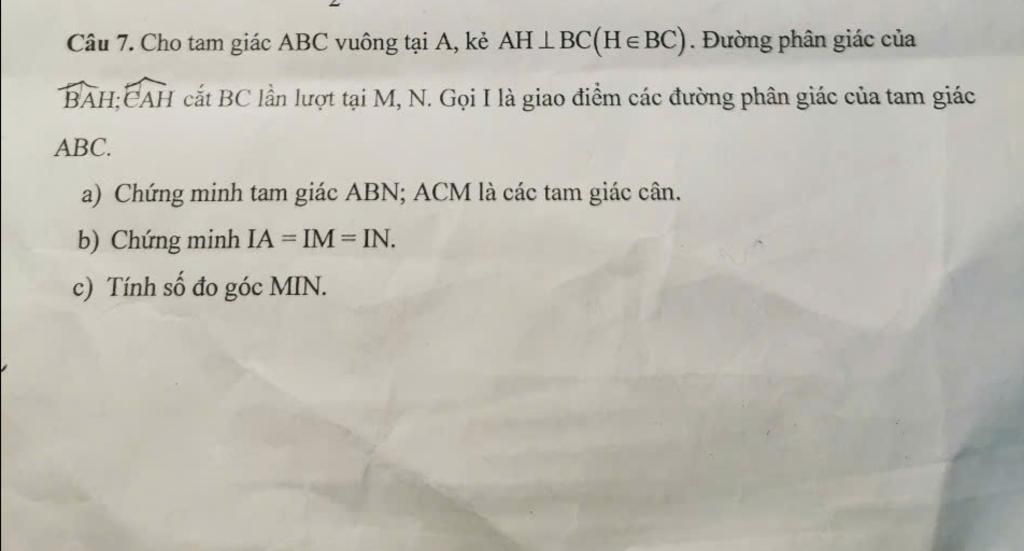 Cho tam giác ABC vuông tại A, kẻ AH vuong góc với BC. Đường phân giác của góc BAH,CAH cắt BC lần ...