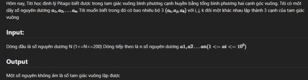 Input Copy8 6 3 8 10 6 5 3 4 Output Copy4 Giải thích: Có các bộ (6,8,10 ...