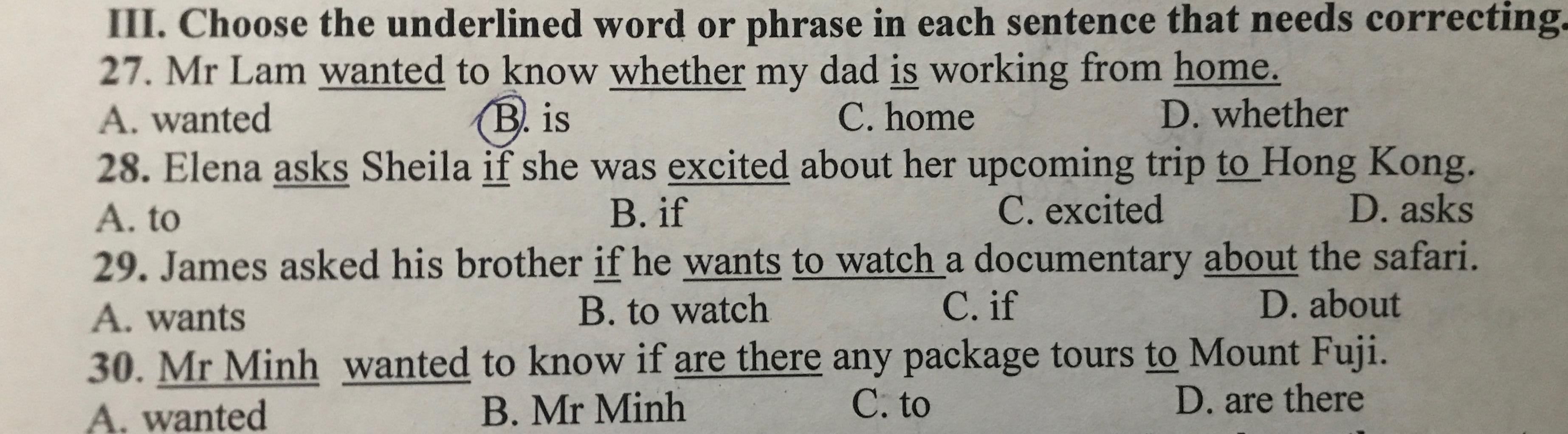 III. Choose the underlined word or phrase in each sentence that needs ...