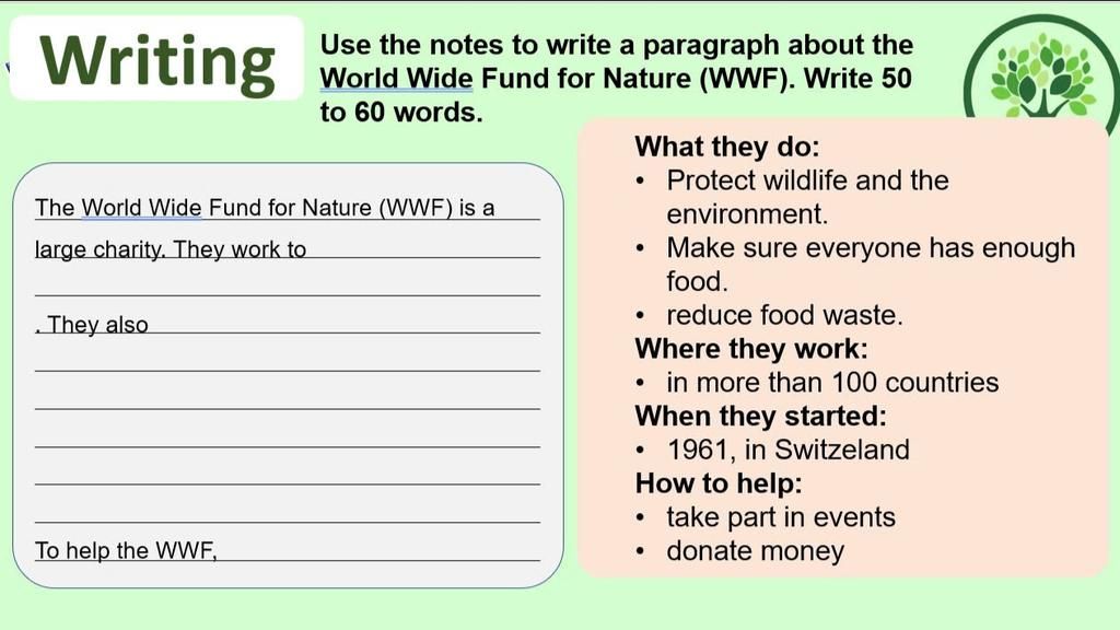 Writing Use the notes to write a paragraph about the World Wide Fund ...