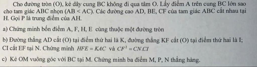 Cho đường tròn (O), kẻ dây cung BC không đi qua tâm O. Lấy điểm A trên cung BC lớn sao cho tam ...