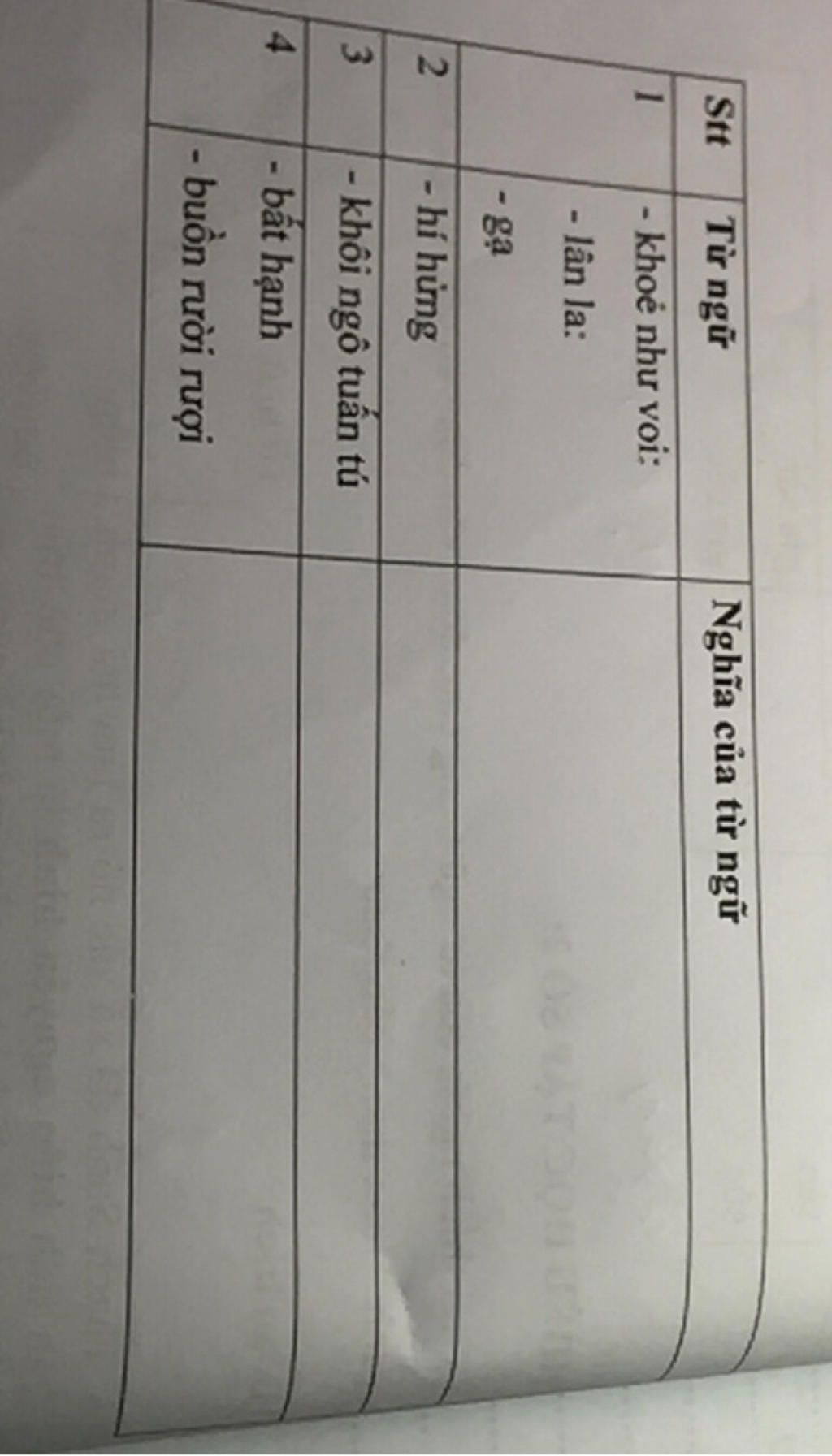 Stt Từ ngữ 1 - khoẻ như voi: - lân la: - ga 2 - hí hửng 3 4 khôi ngô ...