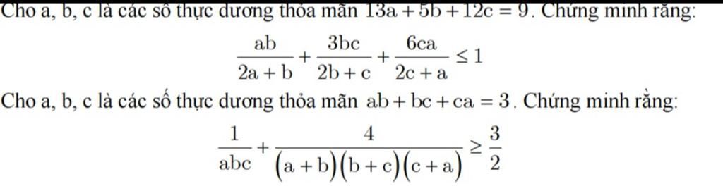 Cho a, b, c là các số thực dương thỏa mãn 13a +5b+12c=9. Chứng minh ...