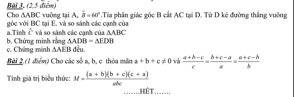 Bài 3. (2,5 điểm) Cho AABC vuông tại A, B=60.Tia phân giác góc B cắt AC tại D. Từ D kẻ đường ...