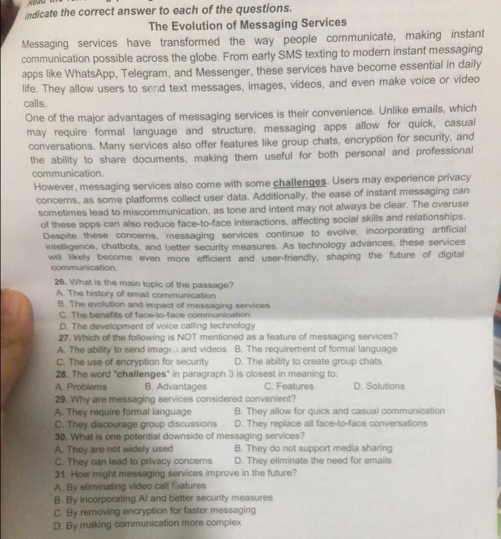 indicate the correct answer to each of the questions. The Evolution of ...