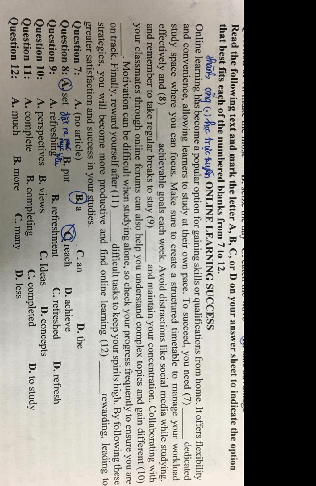 Read the following text and mark the letter A, B, C, or D on your ...