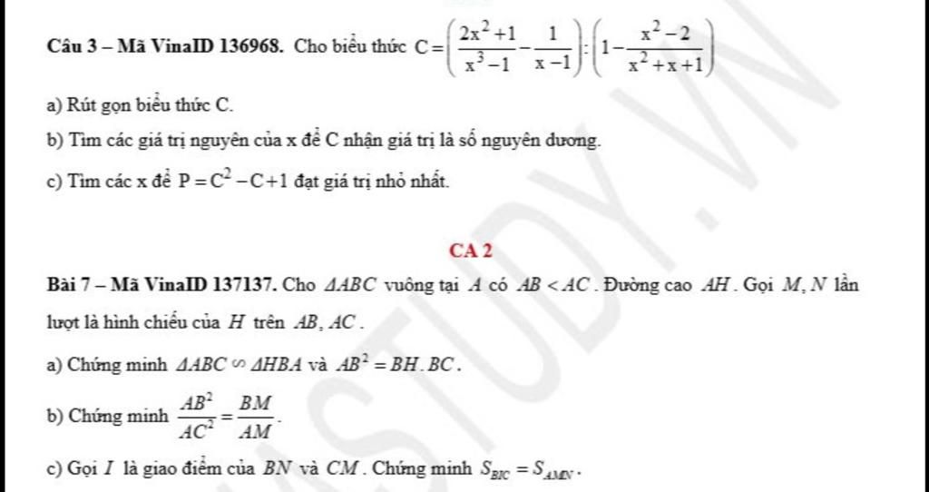 Câu 3 – Mã VinalD 136968. Cho biểu thức C= a) Rút gon biểu thức C. 2x² ...