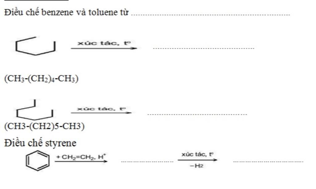 Điều chế benzene và toluene từ (CH3-(CH2)4-CH3) xúc tác. to xúc te ...