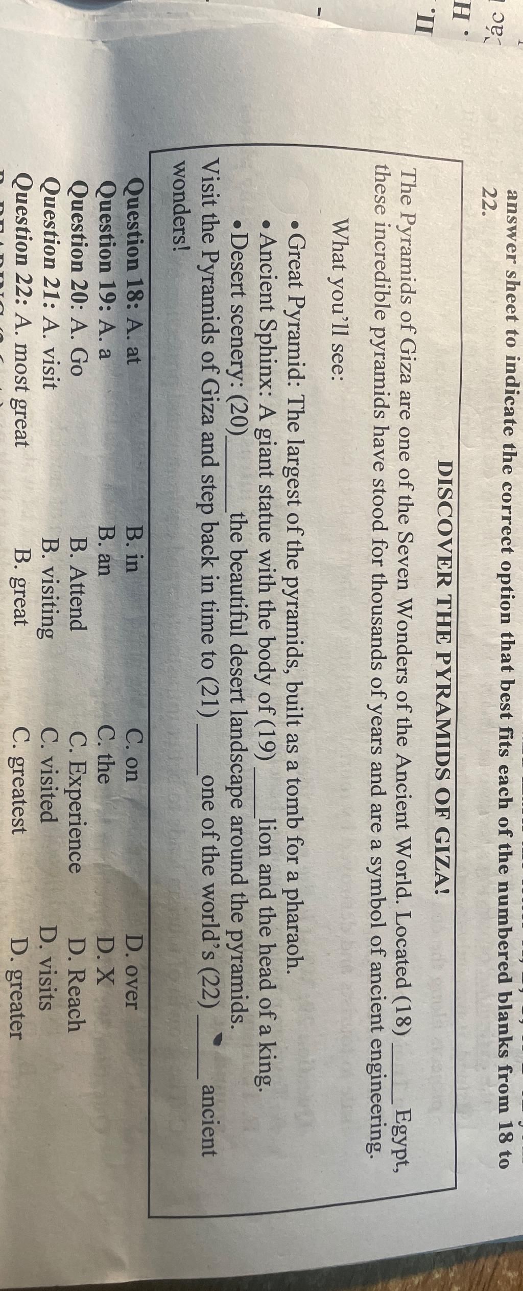 H II answer sheet to indicate the correct option that best fits each of ...