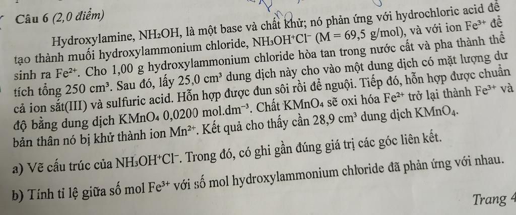 - Câu 6 (2,0 điểm) Hydroxylamine, NH.OH, là một base và chất khử; nó ...