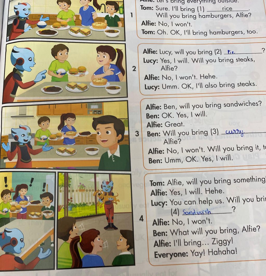 1 2 Let's bring everything Tom: Sure. I'll bring (1) rice Will you ...