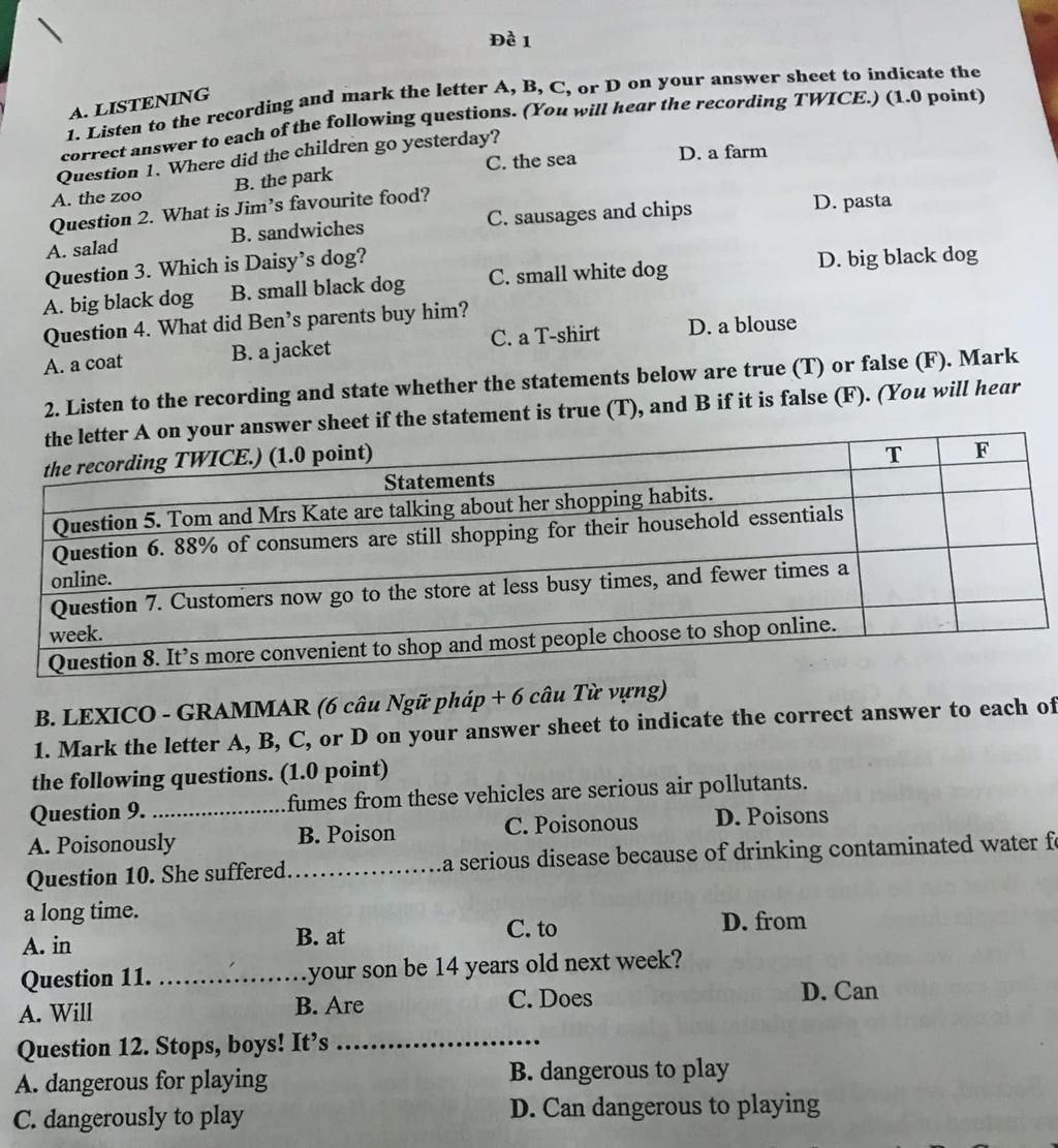 Đề 1 A. LISTENING 1. Listen to the recording and mark the letter A, B ...