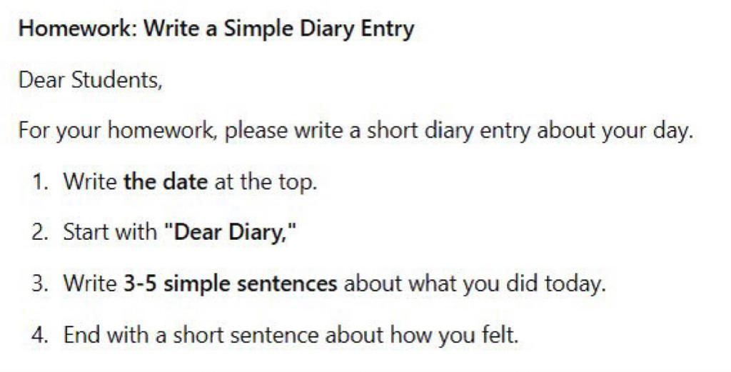 Homework: Write a Simple Diary Entry Dear Students, For your homework ...