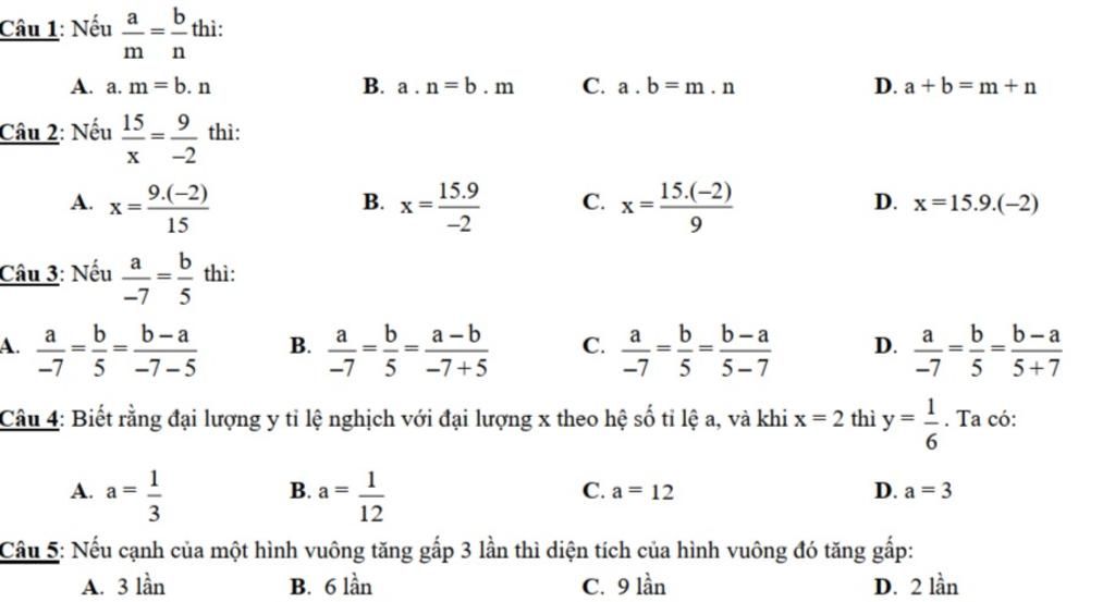 Câu 1: Nếu a m b n thi: A. a. m b. n Câu 2: Nếu 15 X A. x= Câu 3: Nếu a = -2 9.(-2) = 15 thi: b ...