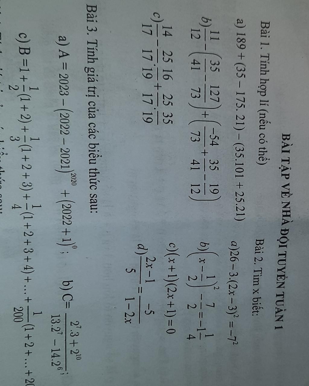 BÀI TẬP VỀ NHÀ ĐỘI TUYỂN TUẦN 1 Bài 1. Tính hợp lí (nếu có thể) a) 189 ...
