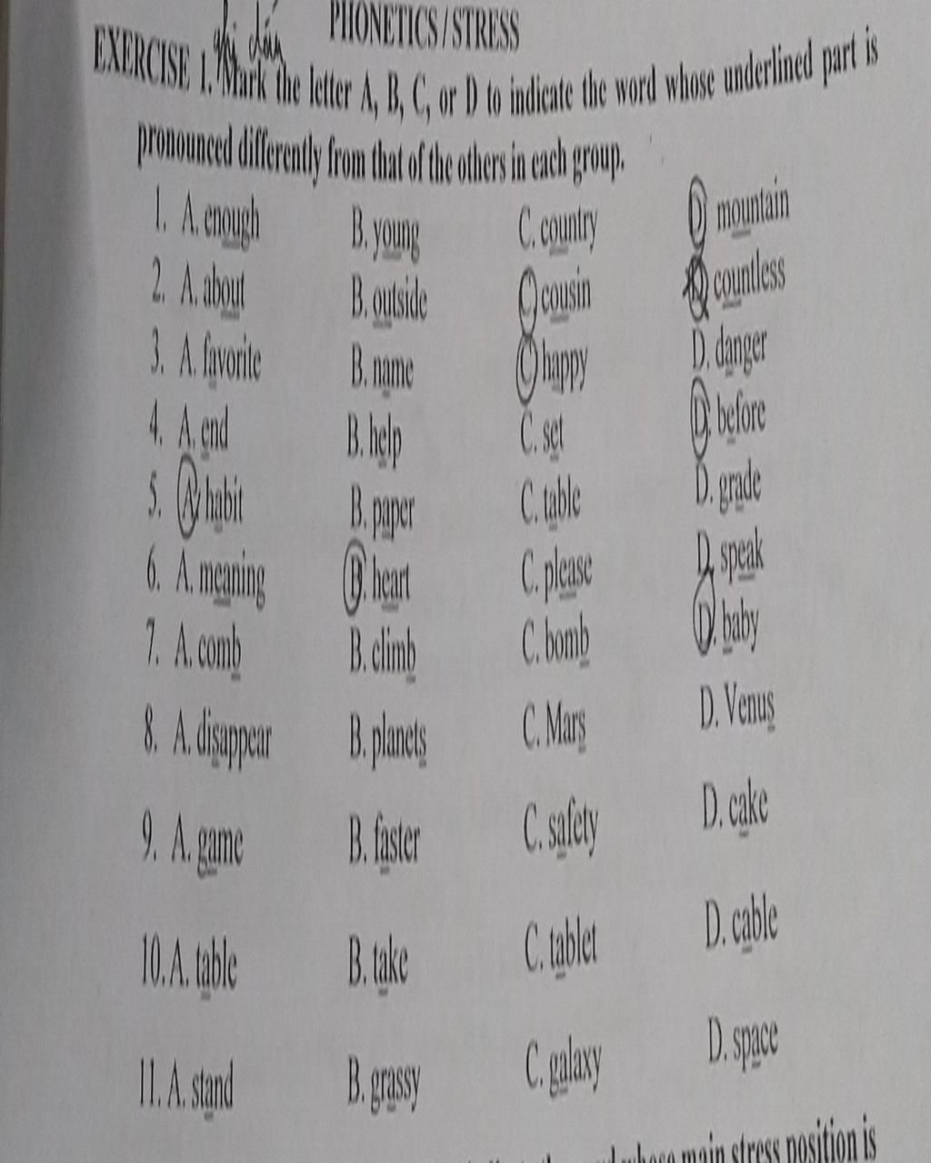 PHONETICS/STRESS EXERCISE 1. Stark the letter A, B, C, or D to indicate ...