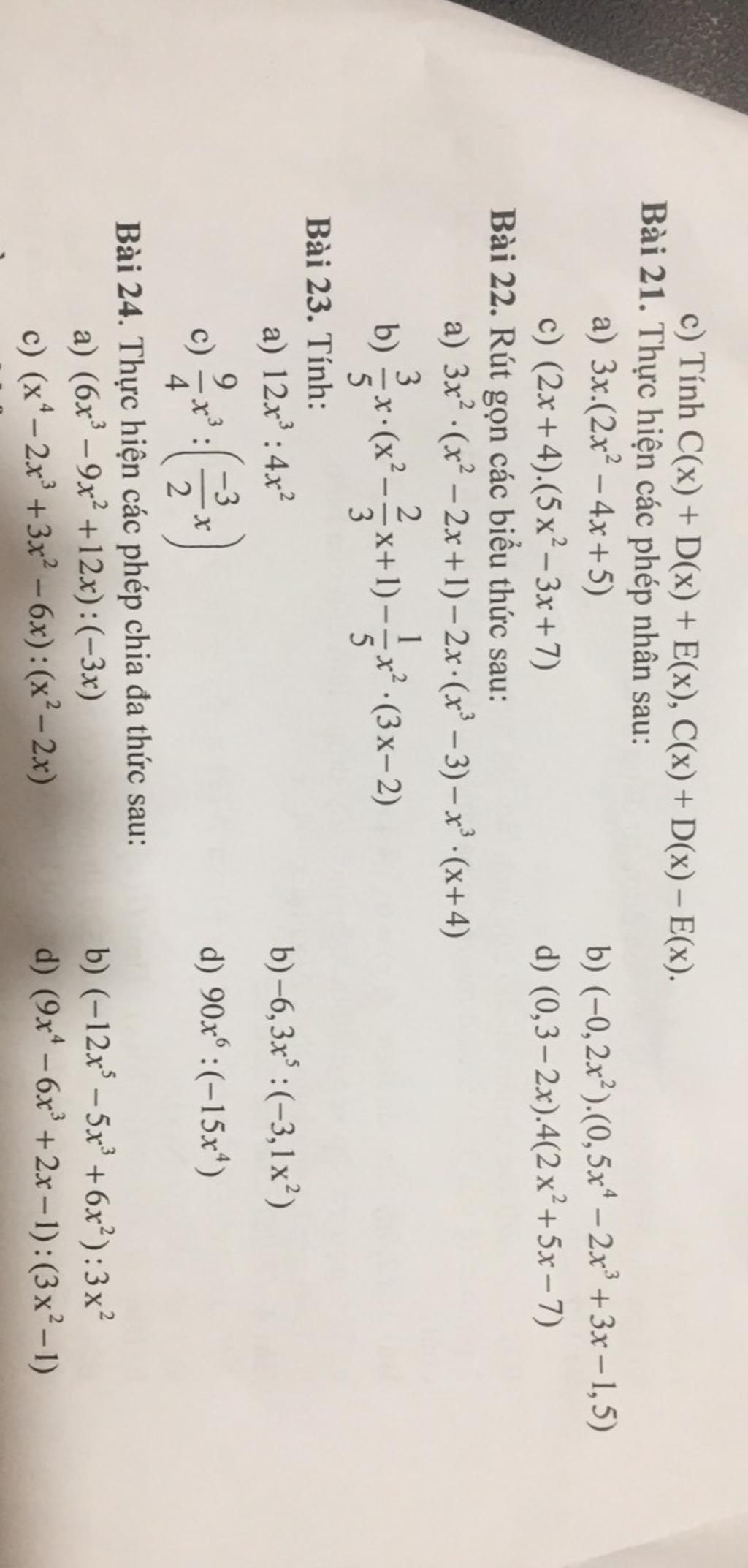 giải giúp tui nha câu 20:C=2x^3 -x+5x^5+4x^2+8-3x^3+3 D=X^2+3x-2x^4-6 ...