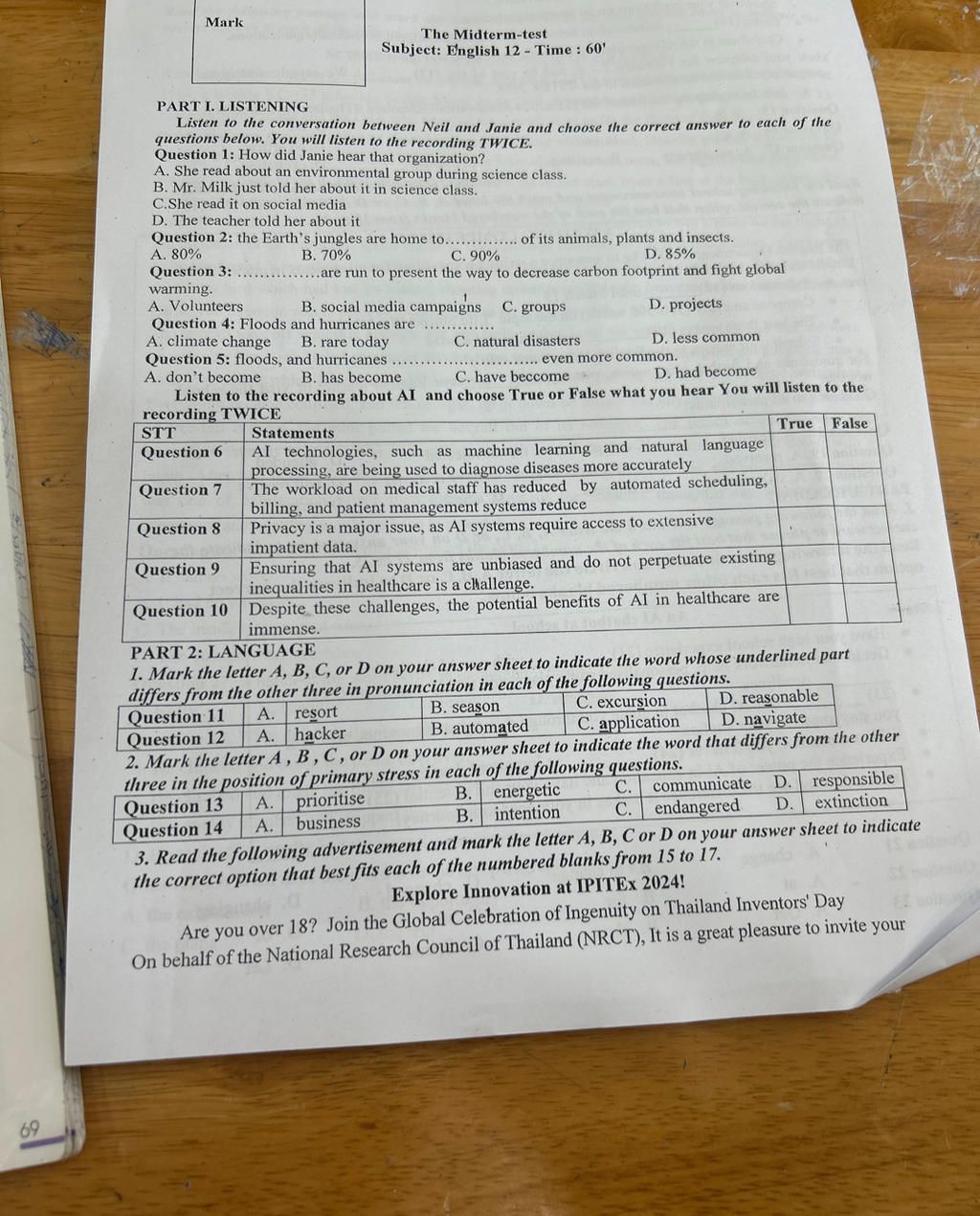 89 Mark The Midterm-test Subject: English 12 - Time: 60' PART I ...