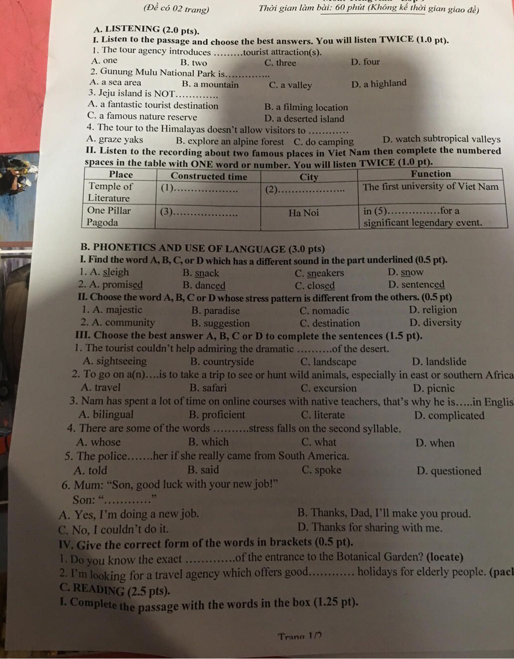 (Đề có 02 trang) A. LISTENING (2.0 pts). Thời gian làm bài: 60 phút ...