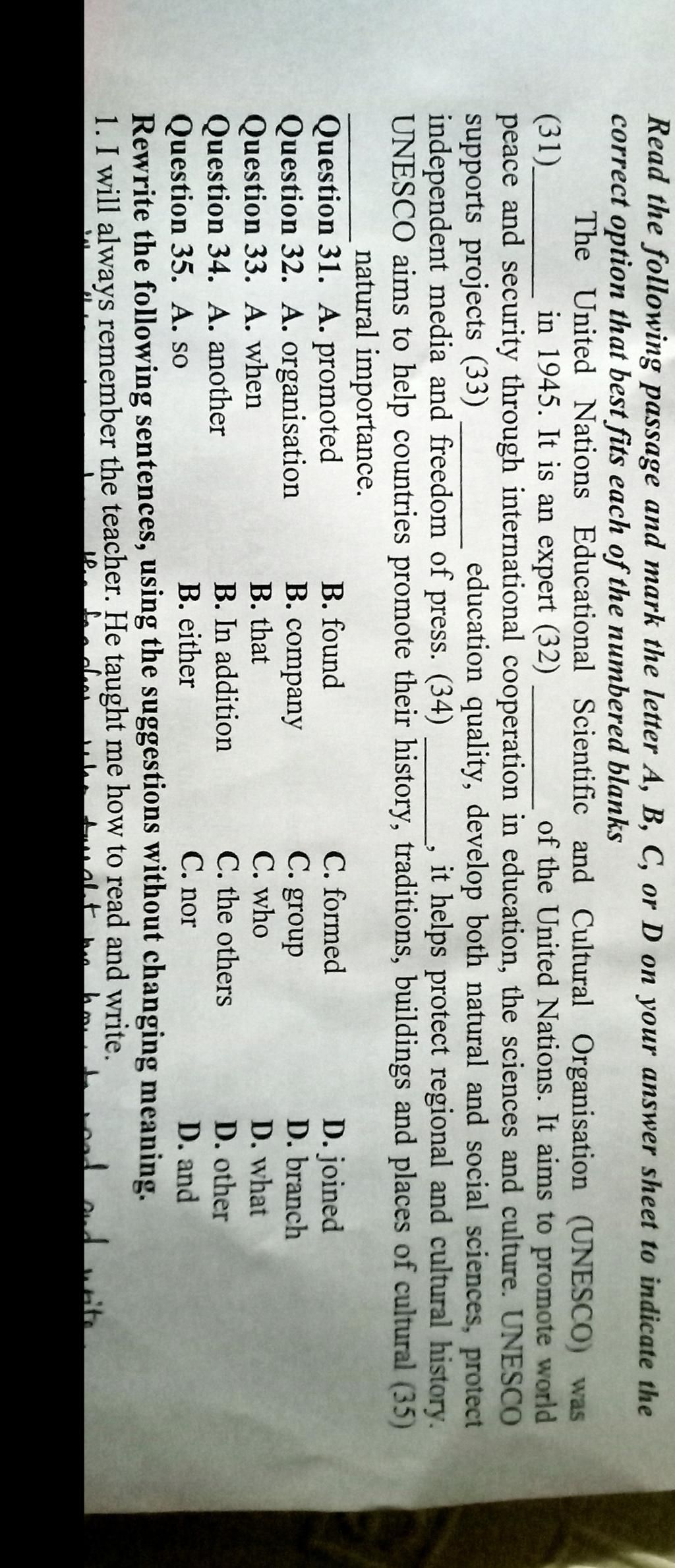 Read the following passage and mark the letter A, B, C, or D on your ...