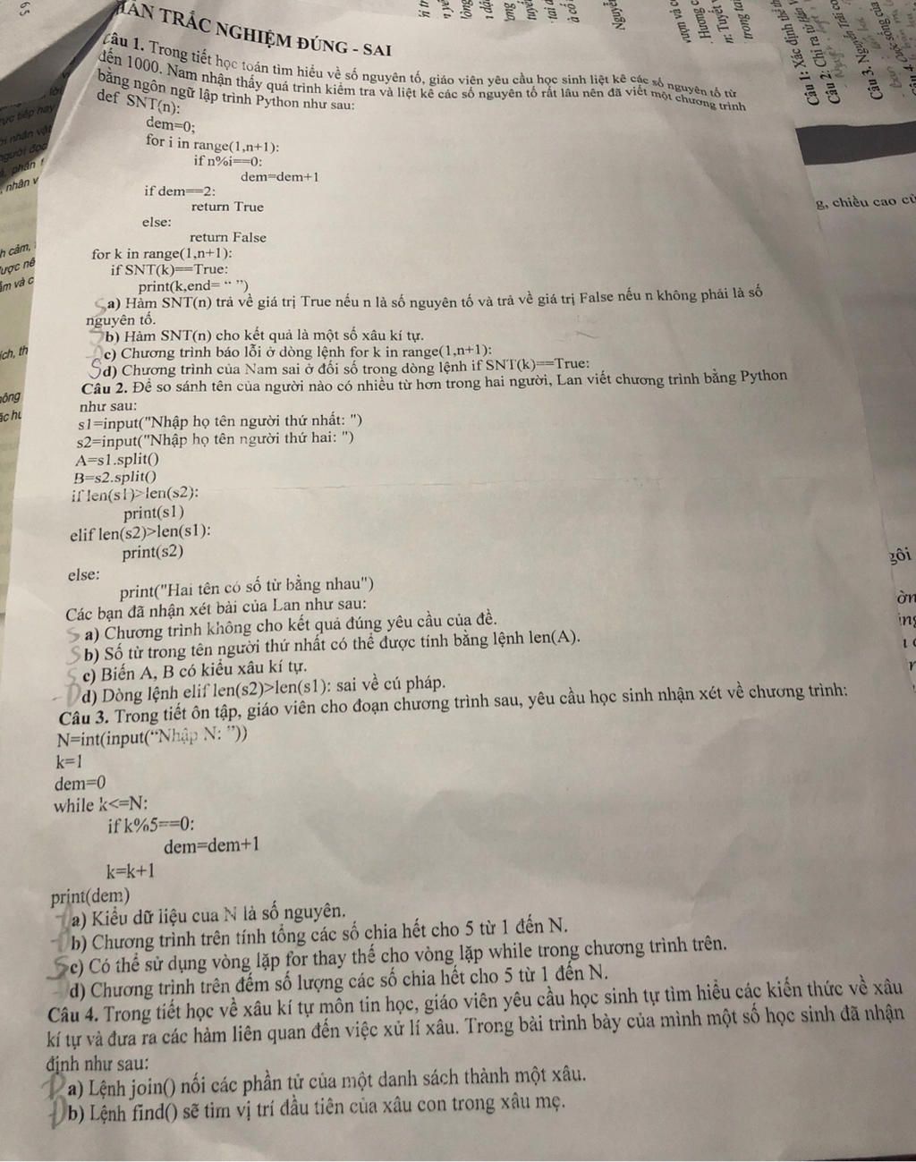 65 gubi dod phan - nhân v VĂN TRÁC NGHIỆM ĐÚNG SAI def SNT(n): Nguyen ...