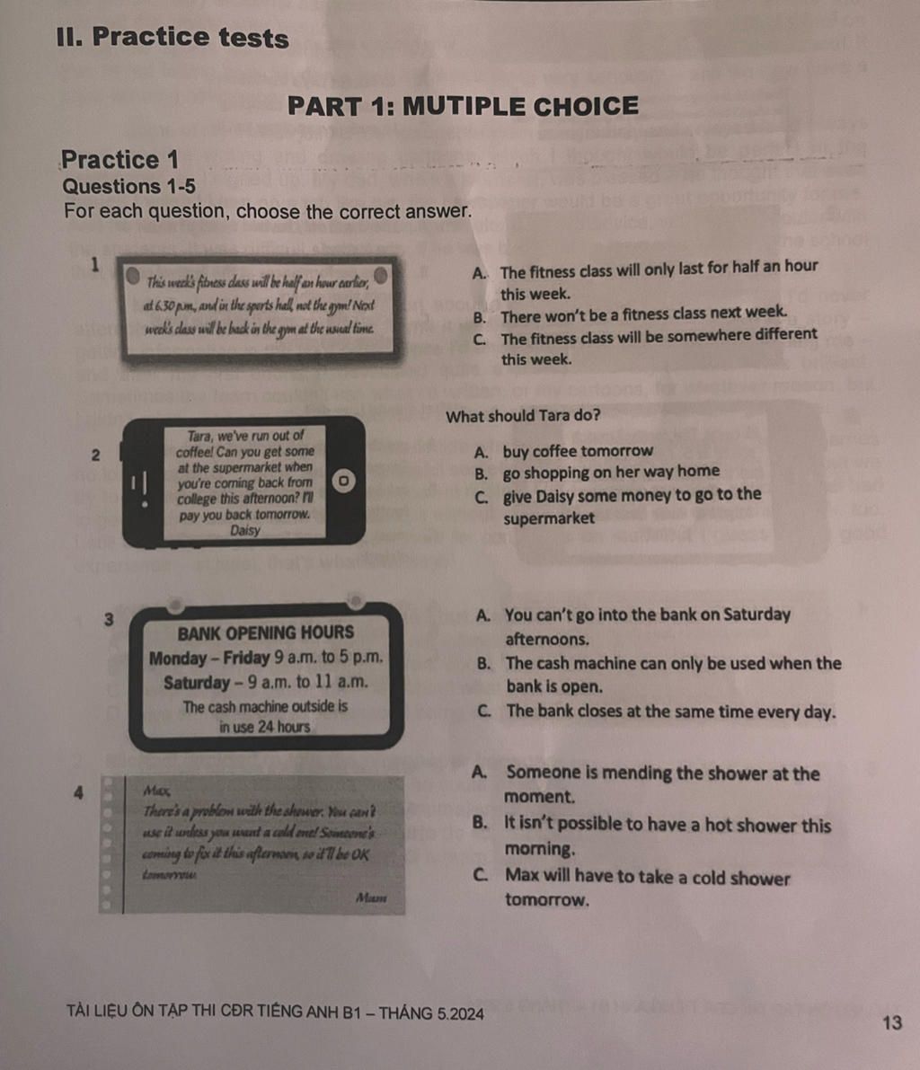 II. Practice tests PART 1: MUTIPLE CHOICE Practice Questions 1-5 For ...