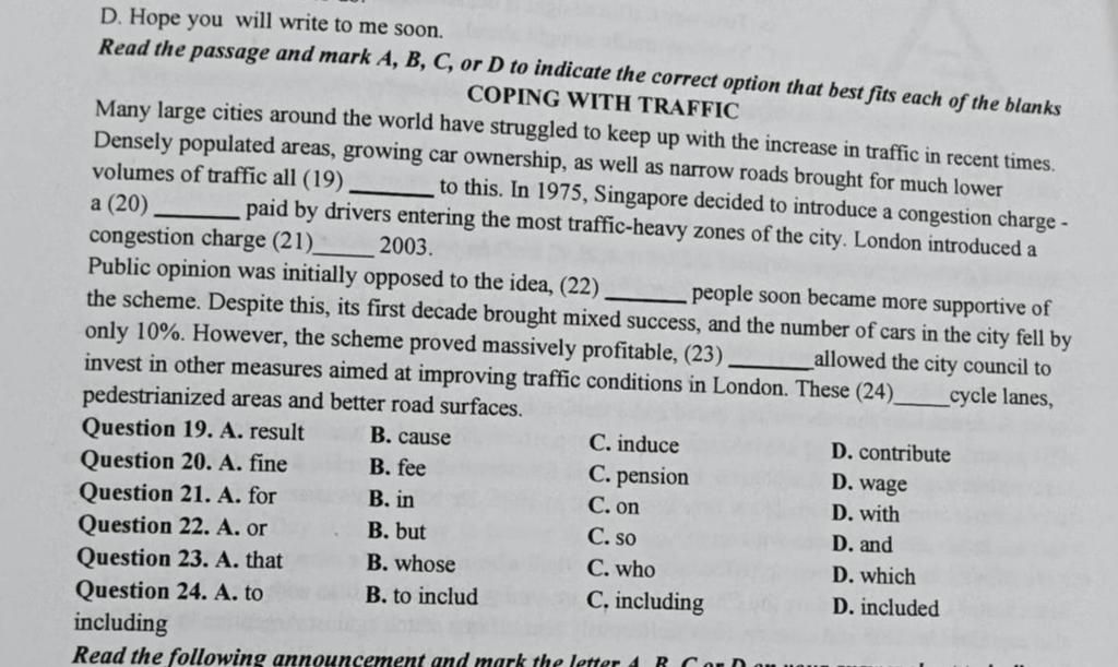 D. Hope you will write to me soon. Read the passage and mark A, B, C ...