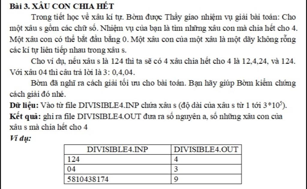 Bài 3. XẤU CON CHIA HẾT Trong tiết học về xâu kí tự. Bờm được Thầy giao ...